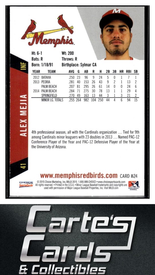 Alex Mejia 2015 Choice Memphis Redbirds #24 TTM/IP Signed Autographed ...