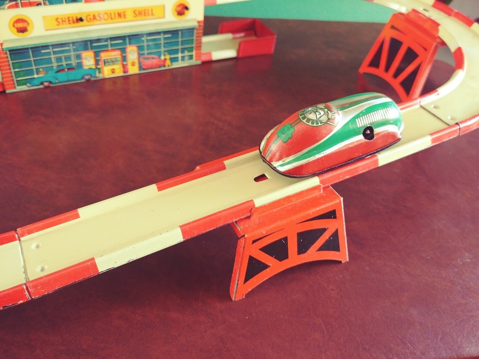 1950's US Zone JH Johann Hofler Tin Wind-up SHELL Racer Track w/ Or ...