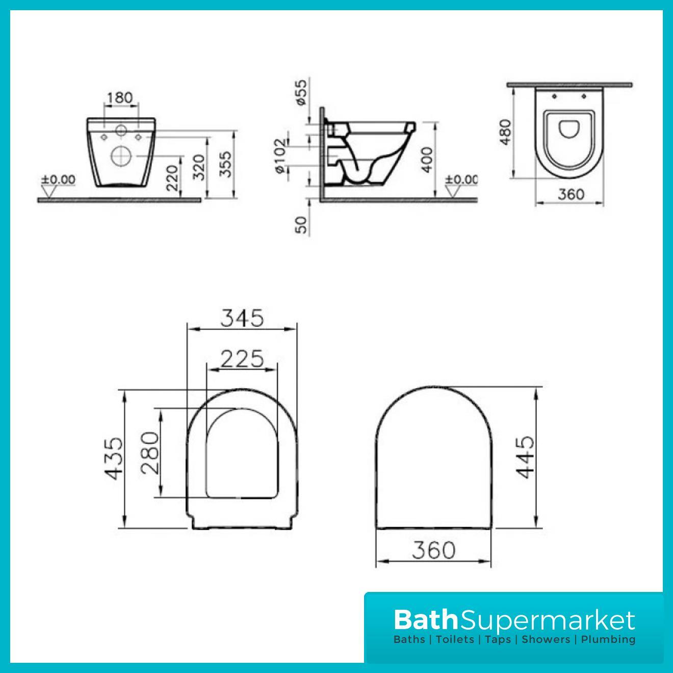 Compact Short Projection Square Wall Hung Toilet WC Pan & Soft Close ...