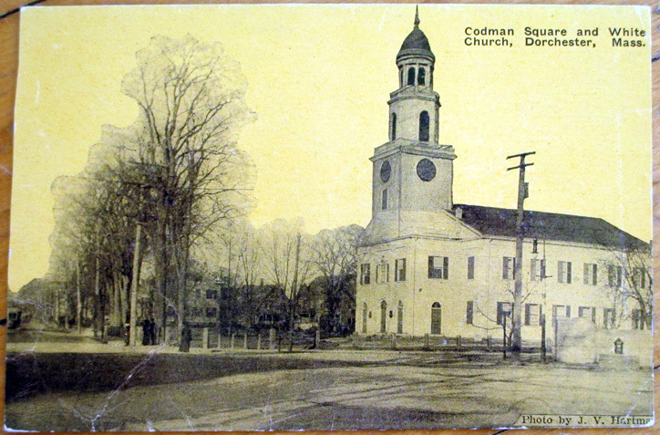 1928 Dorchester, MA Postcard: Codman Square & White Church ...