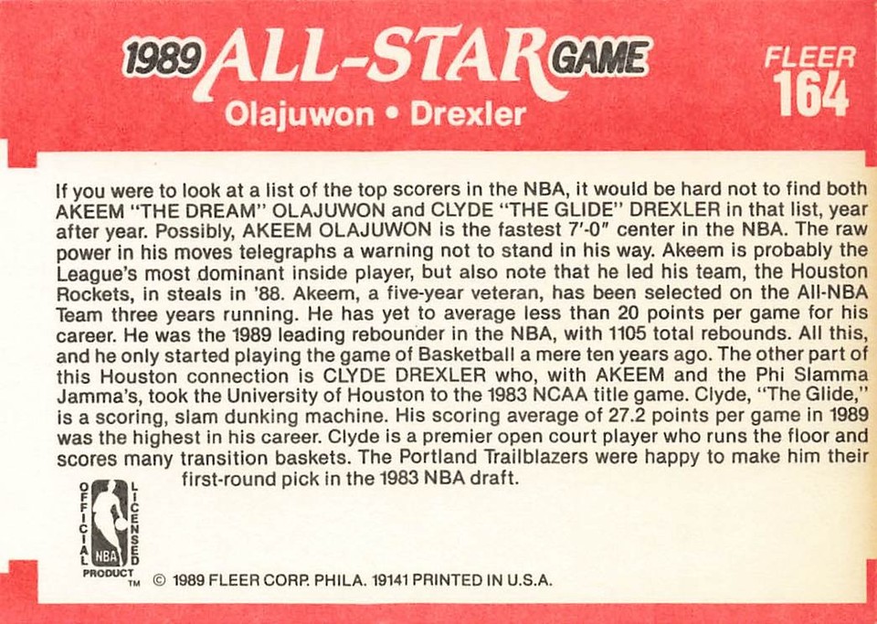 1989-90 Fleer #164 Akeem Olajuwon / Clyde Drexler AS | eBay