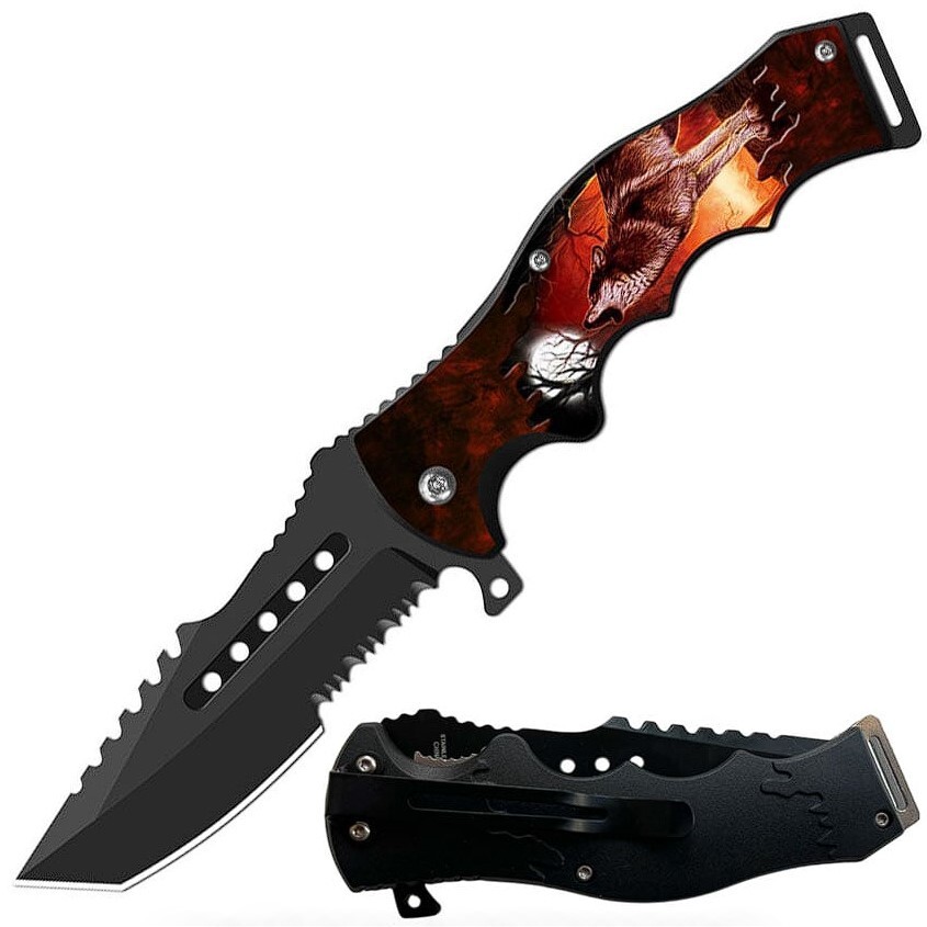 8.5" Tactical Wolf Howling Spring Assisted Pocket Knife Cleaver Blade ...