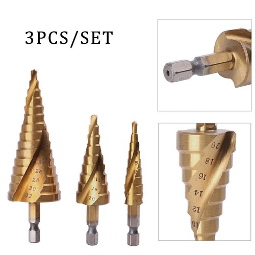 3x 4mm -12mm/20mm/32mm HSS Spiral Grooved Step Cone Drill Kit Bit Hole ...