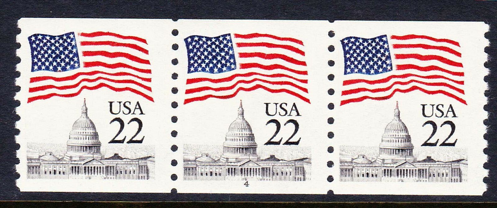 U.S. Sc. #2115: 22c Flag over Capital Dome PNC, Strip of 3, MNH, Plate ...
