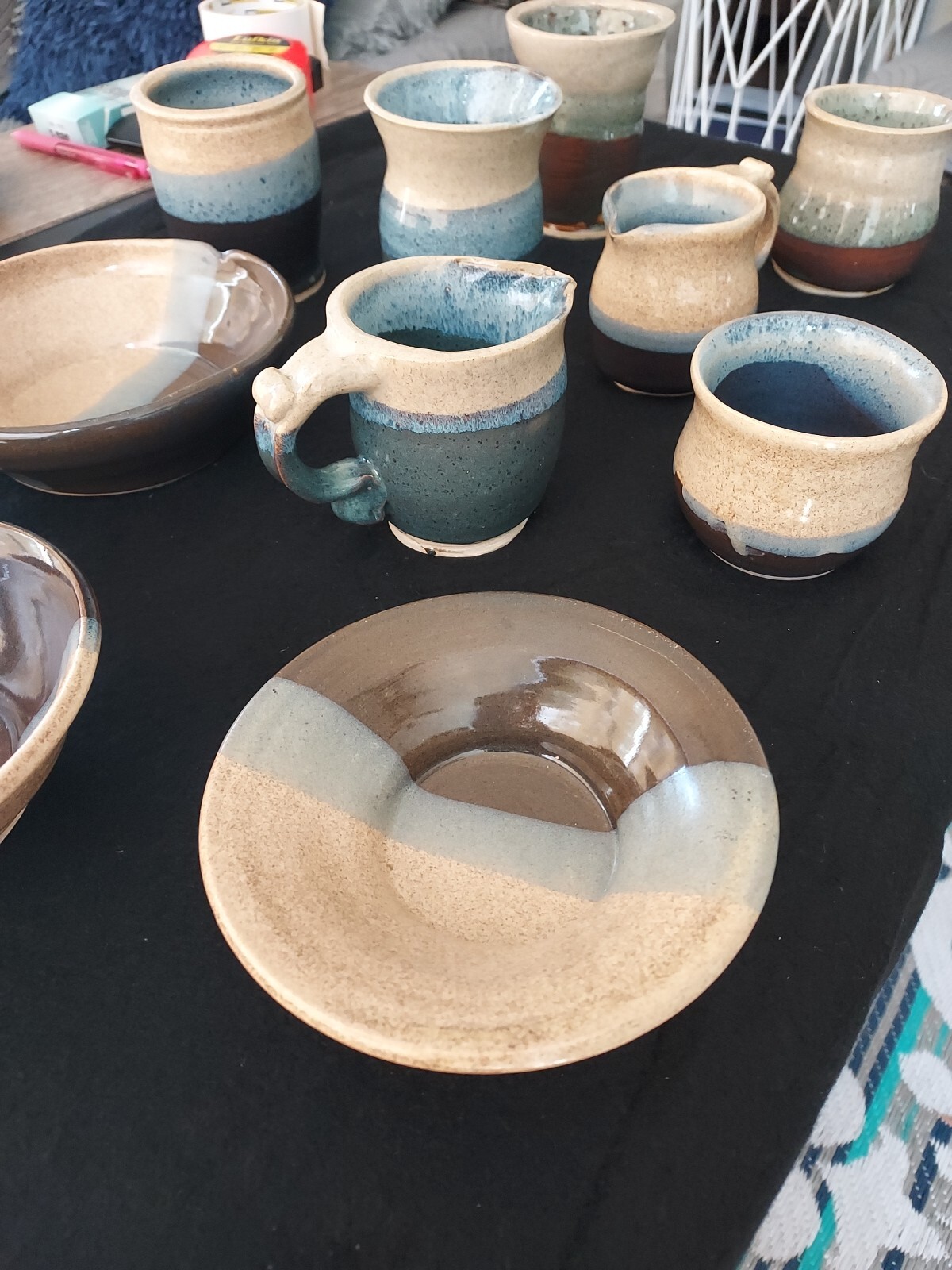 11 Pieces Vintage Studio Art Ceramic Blue Turquoise Aqua And Tan ...