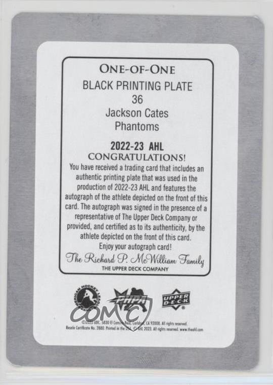2022 Upper Deck AHL Printing Plate Black Achievement 1/1 Jackson Cates ...