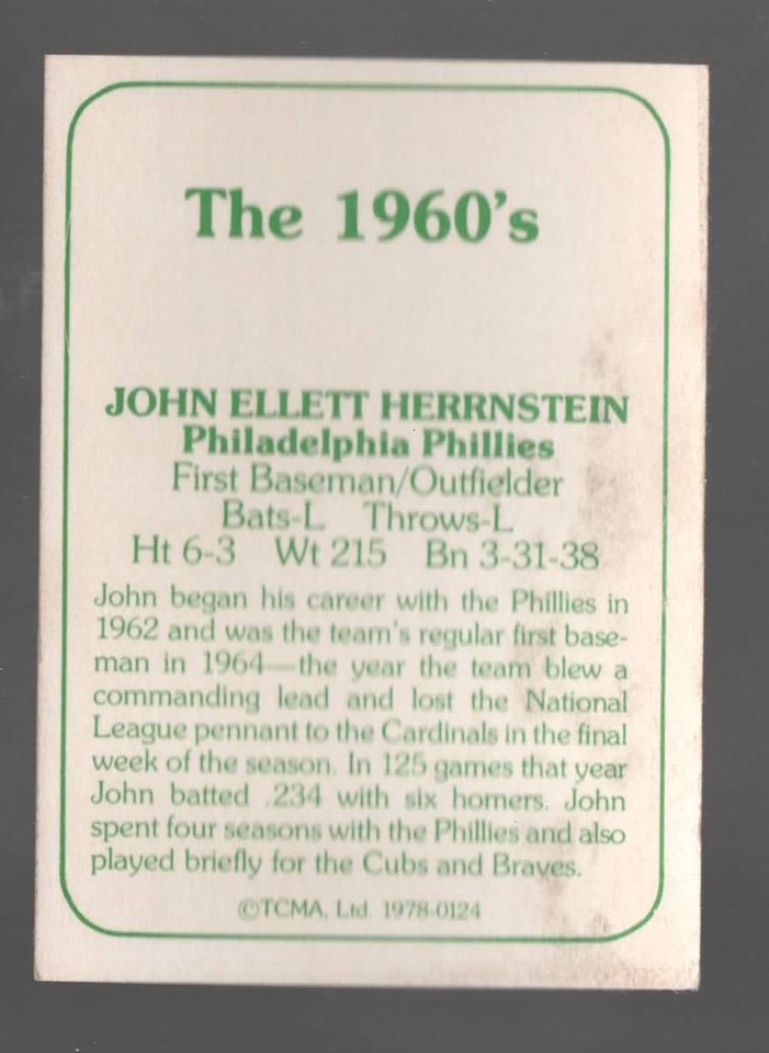 1978 TCMA The 1960's John Herrnstein Philadelphia Phillies #124 Very ...