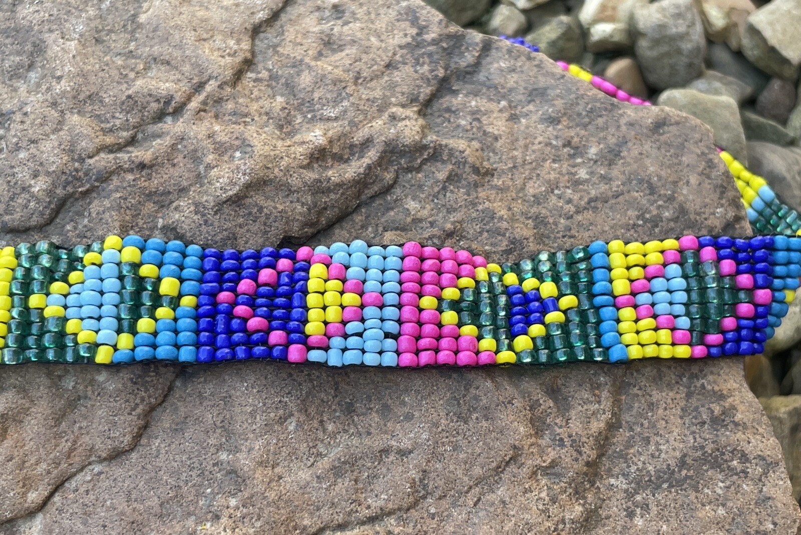 Native American Style Beaded Elastic Headband Pink Blue Yellow Diamond ...