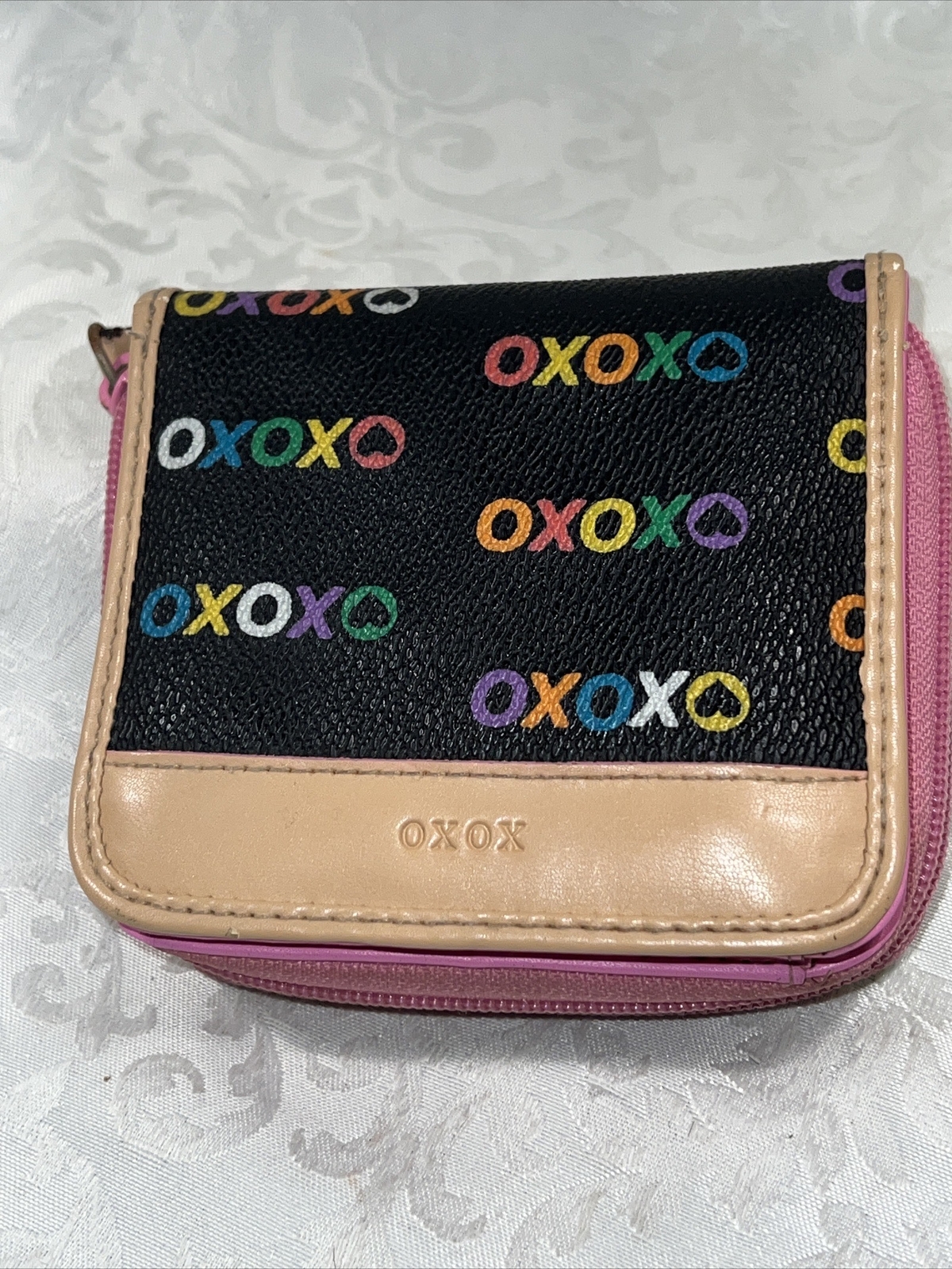 Vintage XOXO Wallet Black Multi Color Logos, Tan Trim… - Gem
