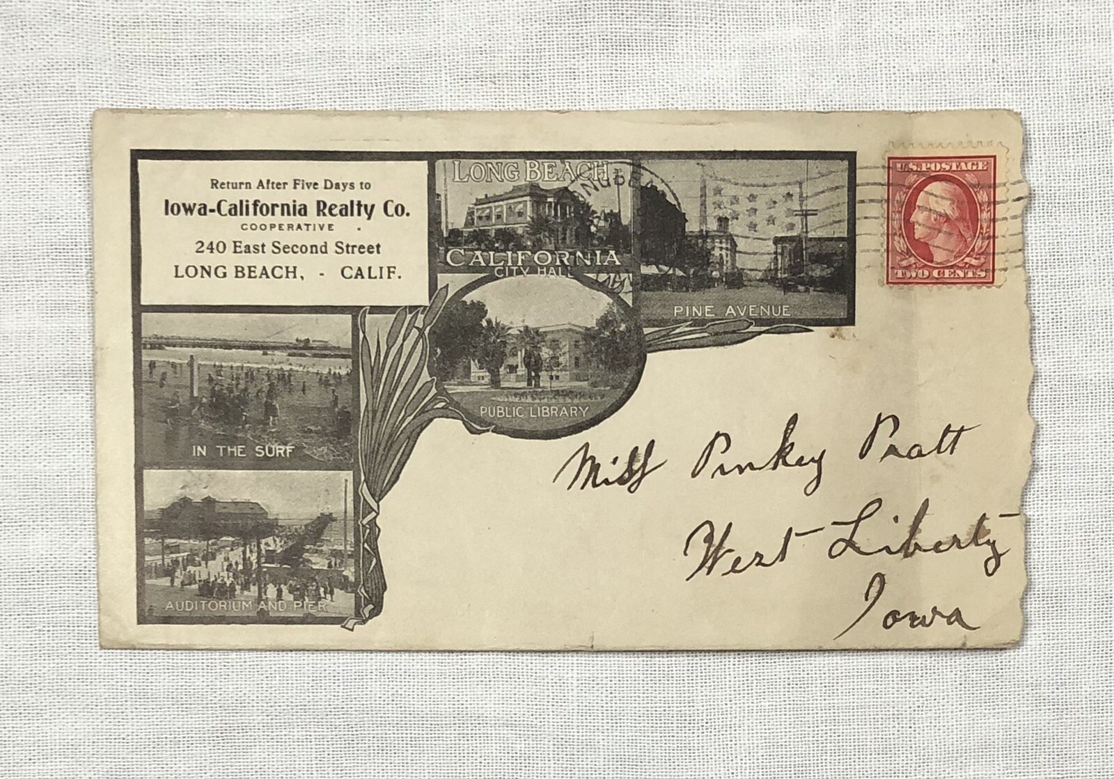 1911 Iowa-California Realty Co. Long Beach CA Flag Postmark Queen of ...