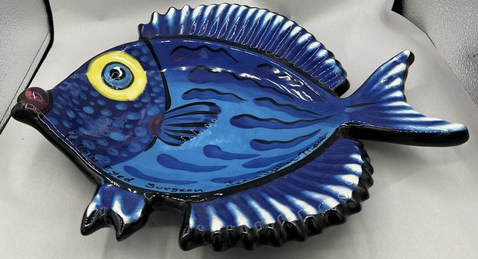 Ben Diller Tropical Yellow Eyed Surgeon Fish Art Pottery Dish Bowl 13 ...