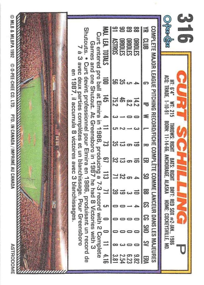 1992 O-Pee-Chee #316 Curt Schilling Houston Astros Baseball Card NM-MT ...