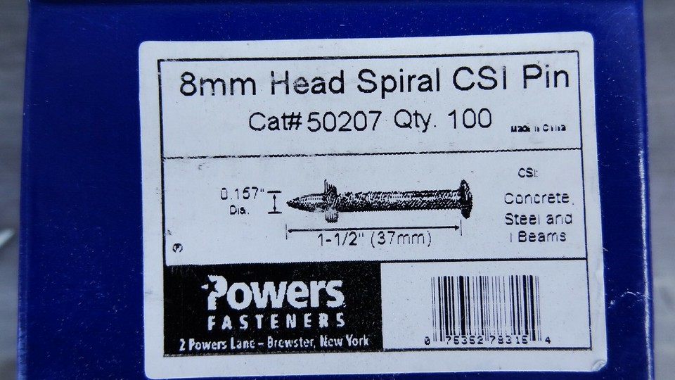 Powers Fasteners 50207 Size 1-1/2" 8mm Head Spiral CSI Drive Pin ~ 100 ...