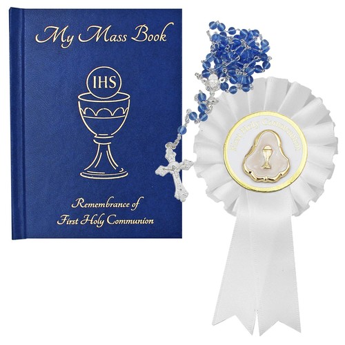 First Holy Communion Gift Set Mass Book, Rosary Beads and Rosette ...