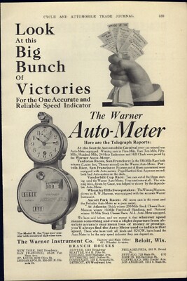 1909 PAPER AD CAR AUTO Warner Auto-Meter Instrument Model M Clock ...
