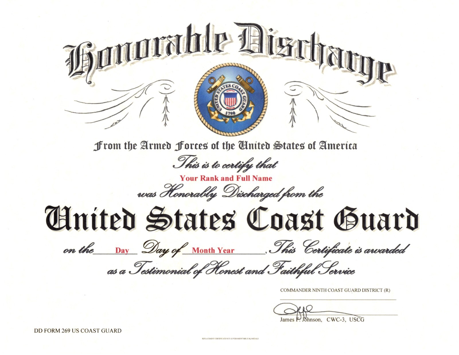 United States Coast Guard Honorable Discharge Replacement Certificate ...