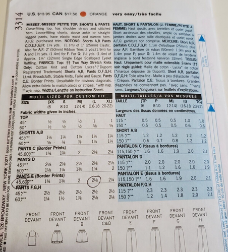 Butterick 3314 Pajamas Pants Shorts Top Pattern Plus Size 16 - 22 for ...