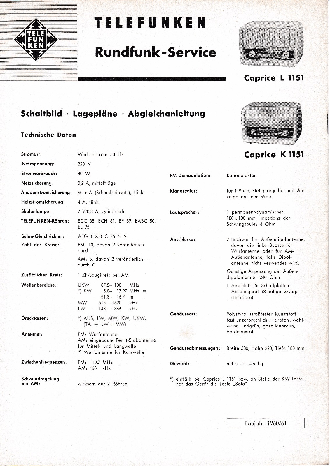 Service Manual Instructions for Telefunken Caprice L 1151, K 1151 | eBay