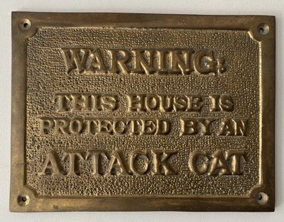 Vintage Brass Warning Attack Cat Plaque Beware Entry Sign Heavy | eBay