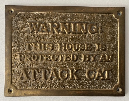 Vintage Brass Warning Attack Cat Plaque Beware Entry Sign Heavy | eBay