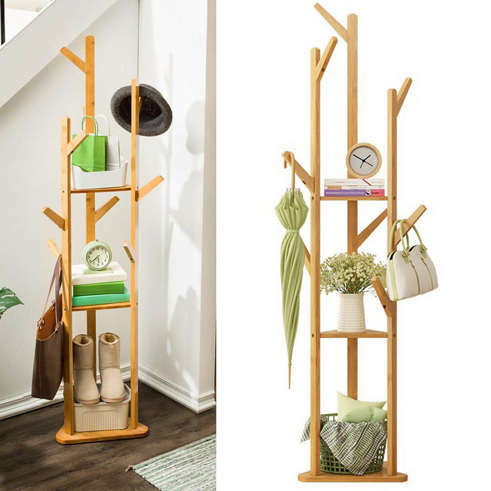 Large Bamboo Wood Clothes Tree Coat Hat Rack Corner Stand w 3 Tier ...