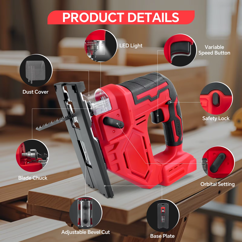 Cordless Jig Saw 0°- 45° Bevel Cuts and 3 Orbital Settings with LED ...