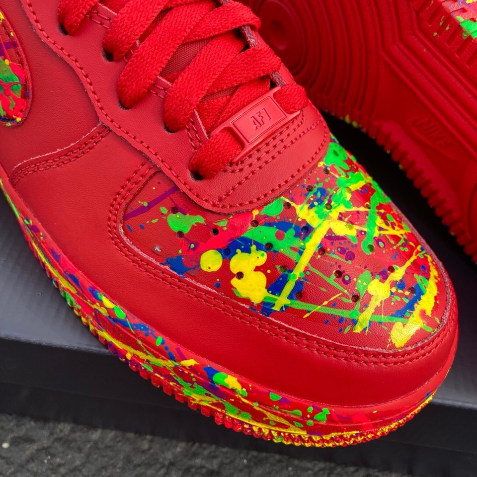 Nike Air Force 1 Custom Triple Red Multi Color Neon Splatter Shoes Mens ...