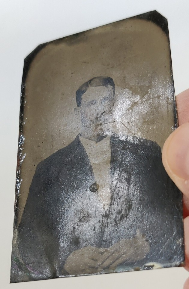 Antique tintype (a.k.a. ferrotype) photo. Family photo of Great Grandpa ...