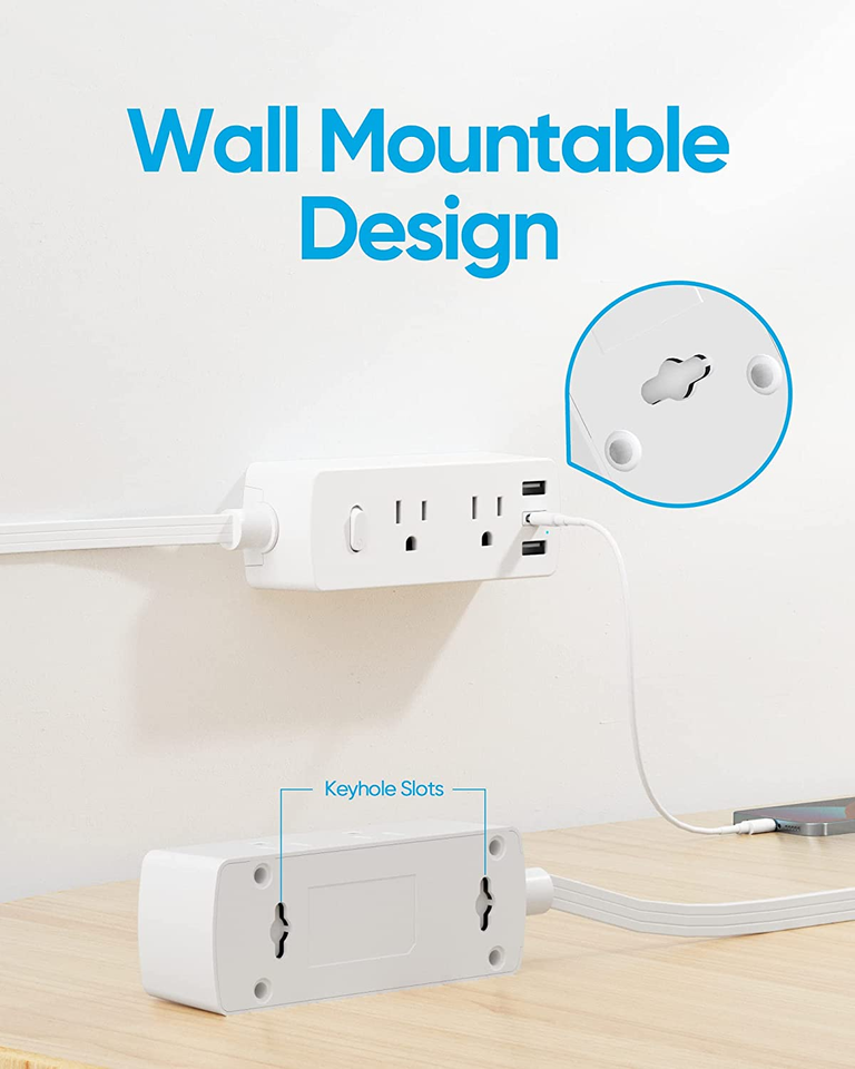 Flat Plug Power Strip, Flat Extension Cord 5Ft, 6 Outlets 3 USB Ports(1 ...
