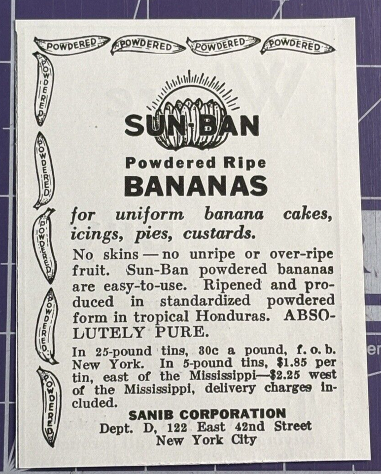SANIB CORPORATION SUN-BAN POWDERED RIPE BANANAS SMALL 1939 PRINT AD | eBay