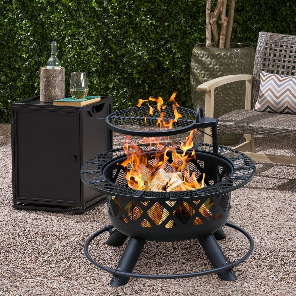 BALI OUTDOORS 32in Wood Burning Patio Round Fire Pit Backyard Grill Set ...