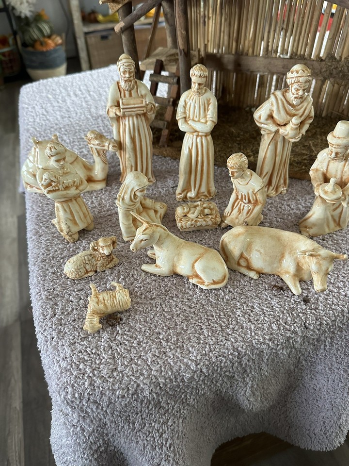 Vintage 70’s 13 Piece Nativity Set Brown Ivory Glazed | eBay