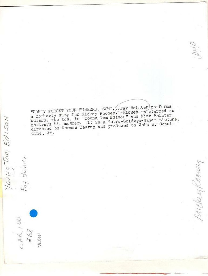 Mickey Rooney, Fay Bainter "Young Tom Edison" Movie Still Photo | eBay