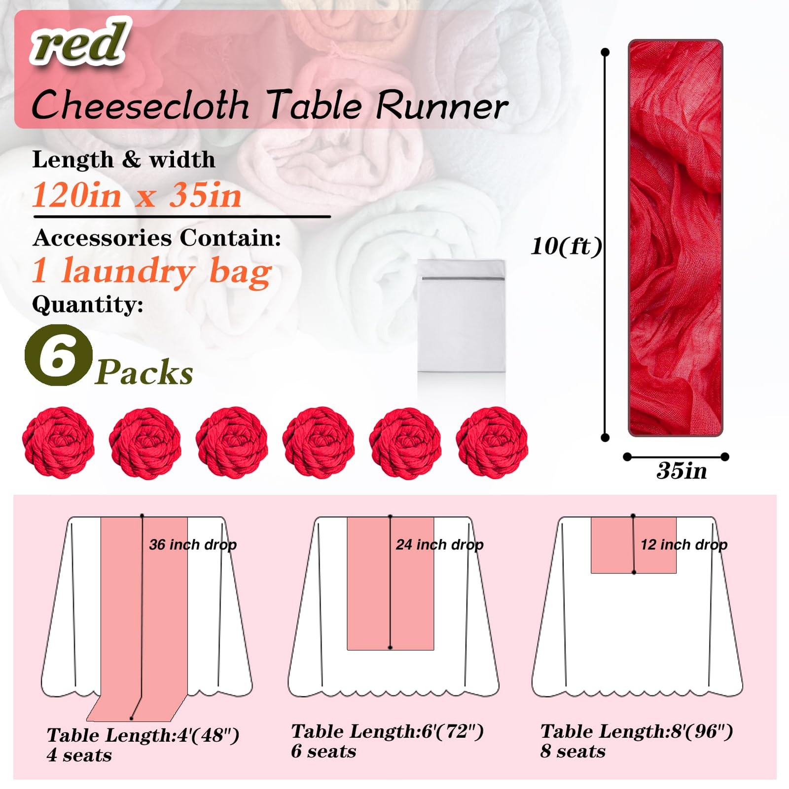 Red Cheesecloth Table Runner 6 Pack 35" Boho Gauze Runner 120 inches ...