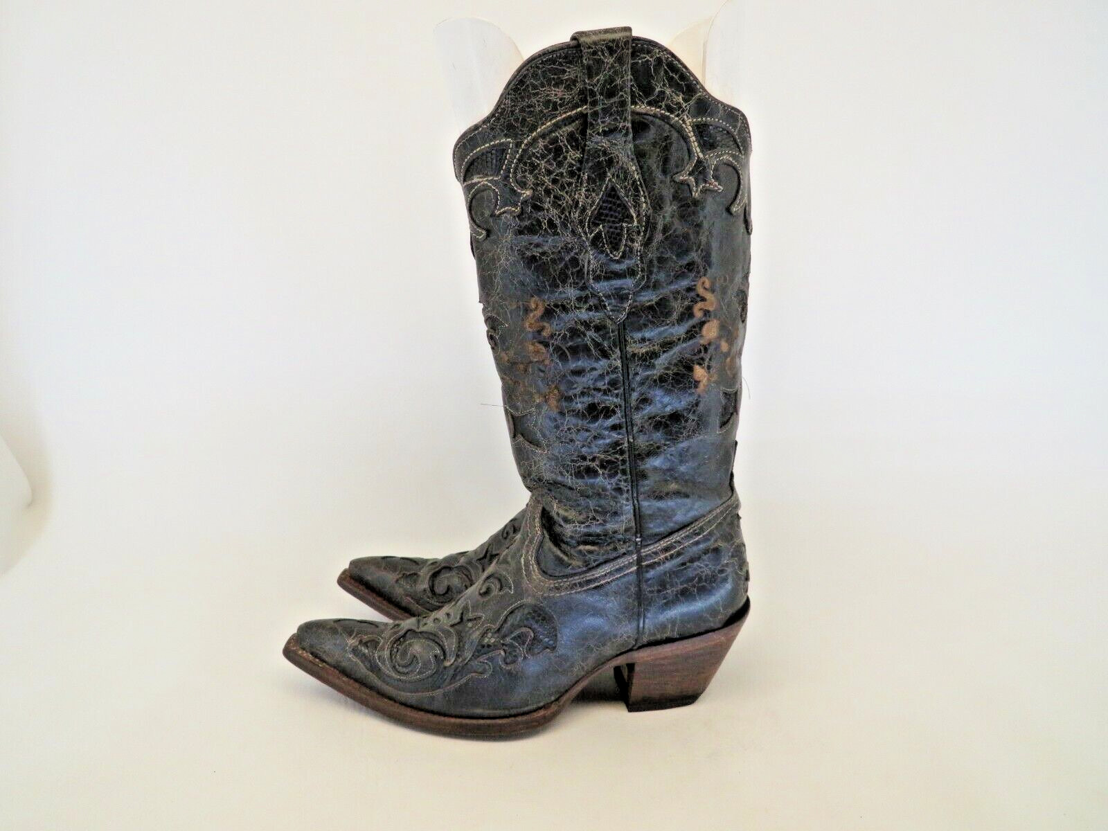 Corral Distress Black Leather Inlay Cowboy Western Bo… - Gem