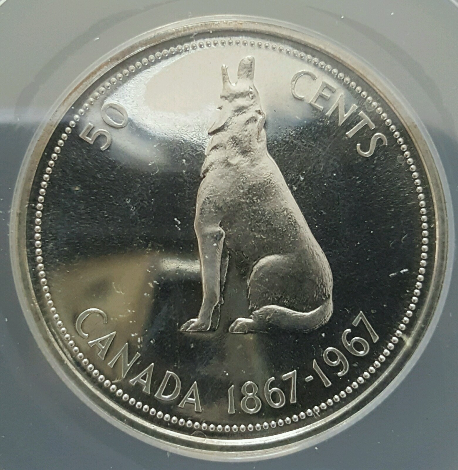 1967 CANADA HALF DOLLAR FIFTY CENTS PROOF LIKE MS68 CAMEO 50 CENTS WOLF ...