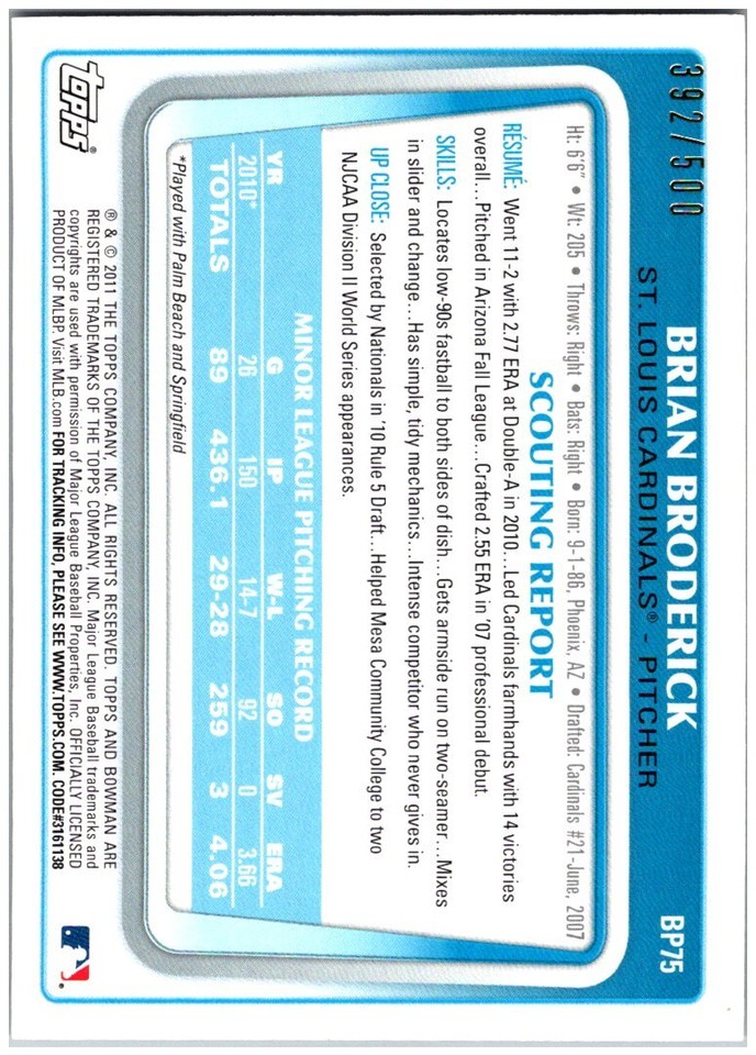 2011 1st Bowman Prospects #BP75 Brian Broderick - Blue /500 FREE ...