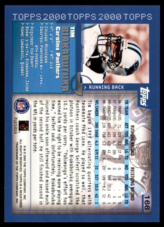 2000 TOPPS COLLECTION TIM BIAKABUTUKA CAROLINA PANTHERS #166 | eBay