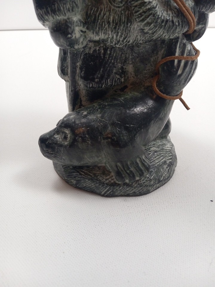 A WOLF ORIGINAL Native Eskimo/ Inuit Art Cast Sculpture "Seal Hunter ...