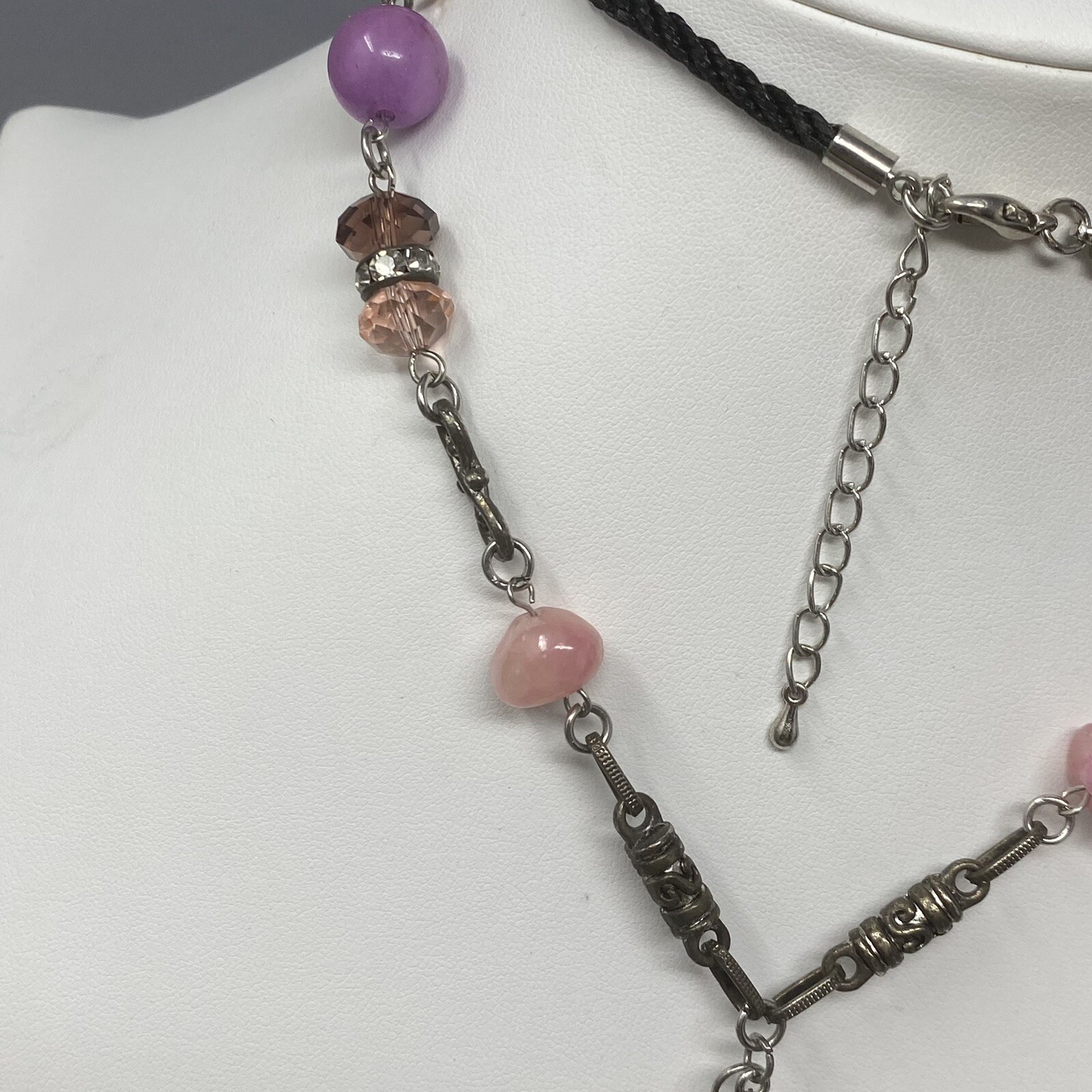 Crystal Pendant Necklace Pink Aurora Boreas & Stone Beads Cord Chain ...