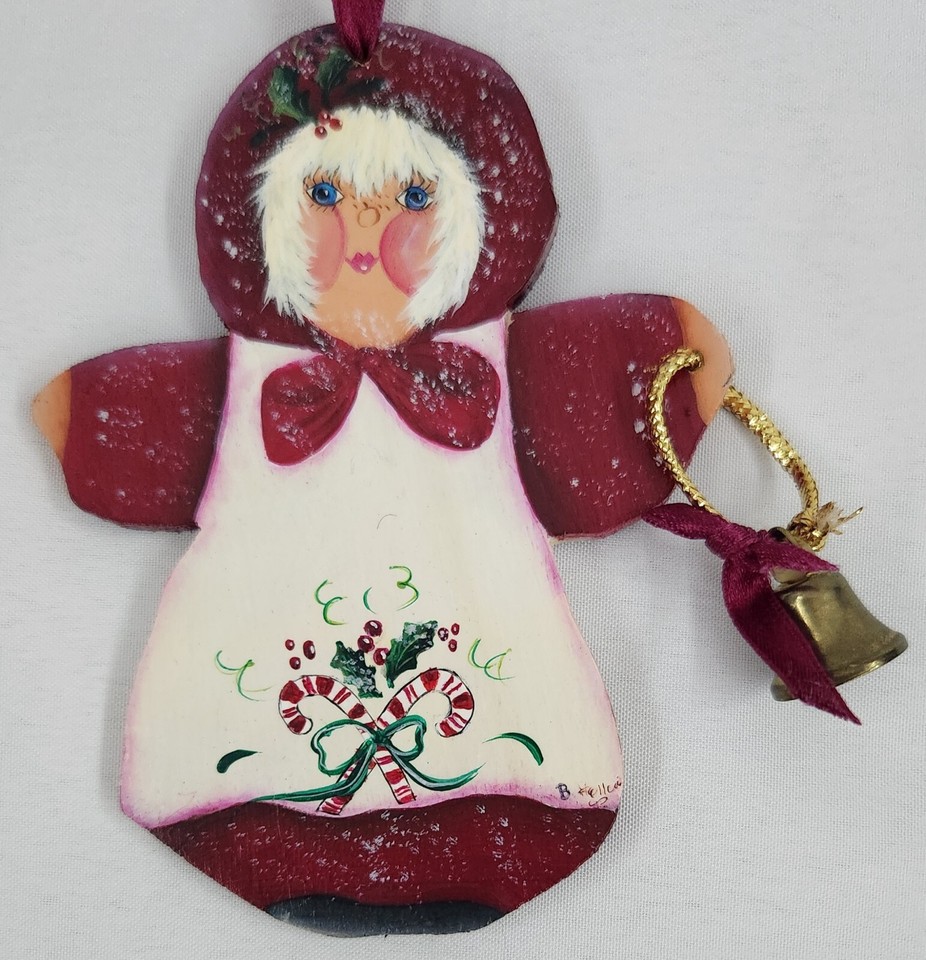 Signed Hand-Painted Wood Wooden Girl Lady Christmas Ornament Bell ...