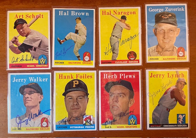 Lot of 8 Signed 1958 Topps Cards. Backs are damaged, signatures look ...