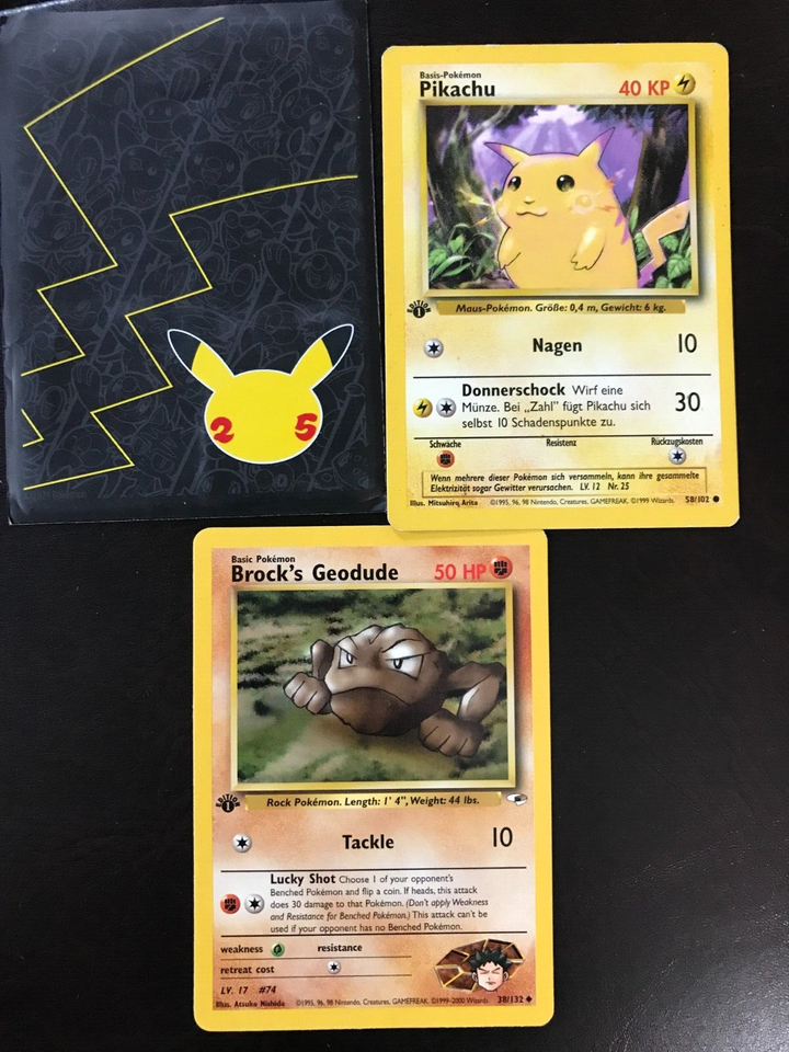 2 Base Set Pokemon Cards PIKACHU 58/102 40KP in German. Brocks Geodude ...