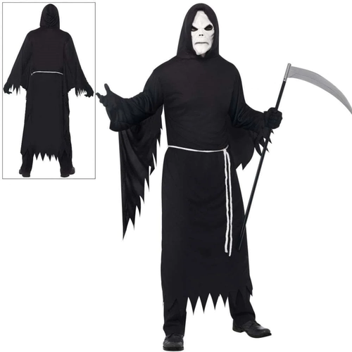 Black Grim Reaper Costume + White Mask Mens Halloween Ghost Fancy Dress ...