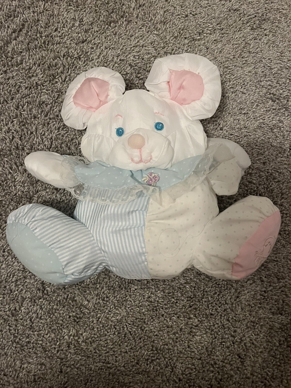 Puffalump 10" Plush Mouse Fisher Price 1988 White Pink Blue Baby Rattle ...