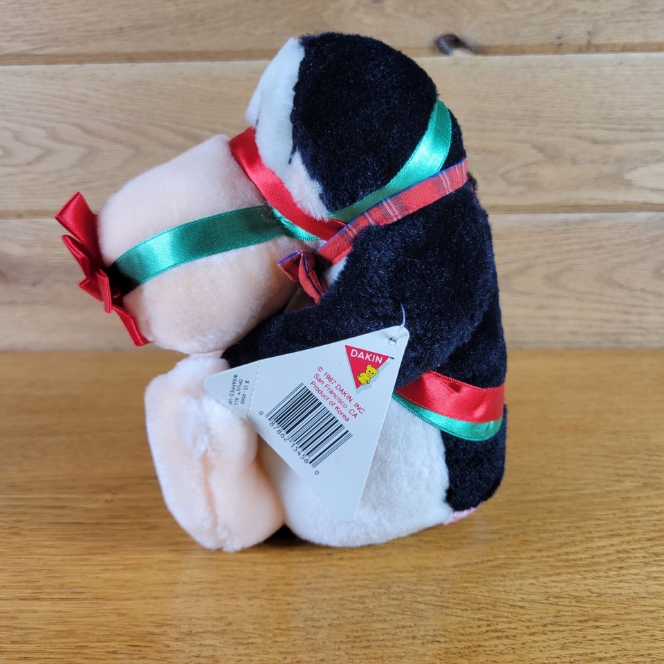 Vintage 1987 Dakin Plush Penguin Red Green Ribbon Gift Stuffed Animal 7 ...