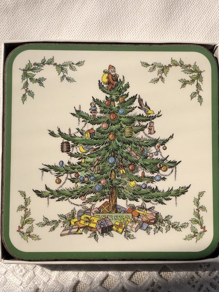 SPODE “Christmas Tree” Set 6 Square Coasters Cork Back Made In ENGLAND ...