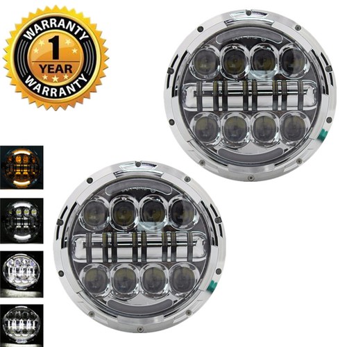 Chrome 7 Inch Round Headlight LED 80W with Amber Signal Angle Eyes For ...