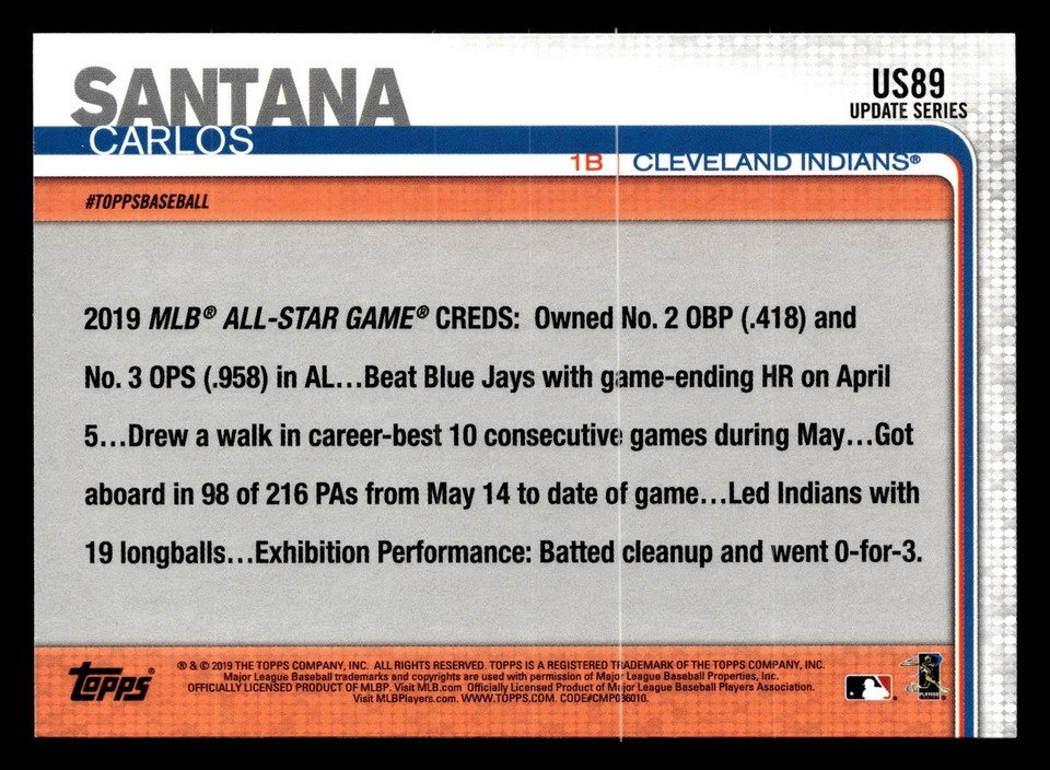 Carlos Santana 2019 Topps Update #US89 Cleveland Indians *021B | eBay
