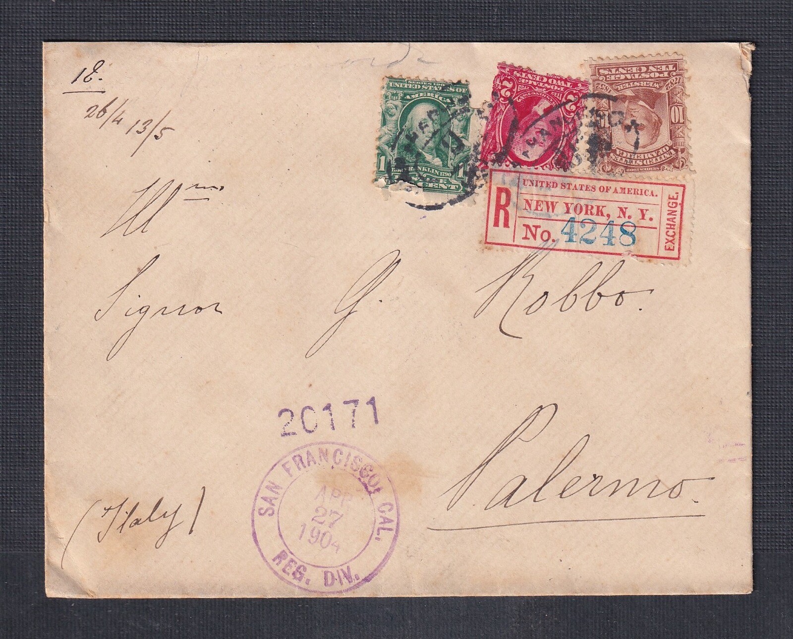 USA 1904 1C, 2C & 10C REGISTERED COVER SAN FRANCISCO CALIFORNIA TO ...